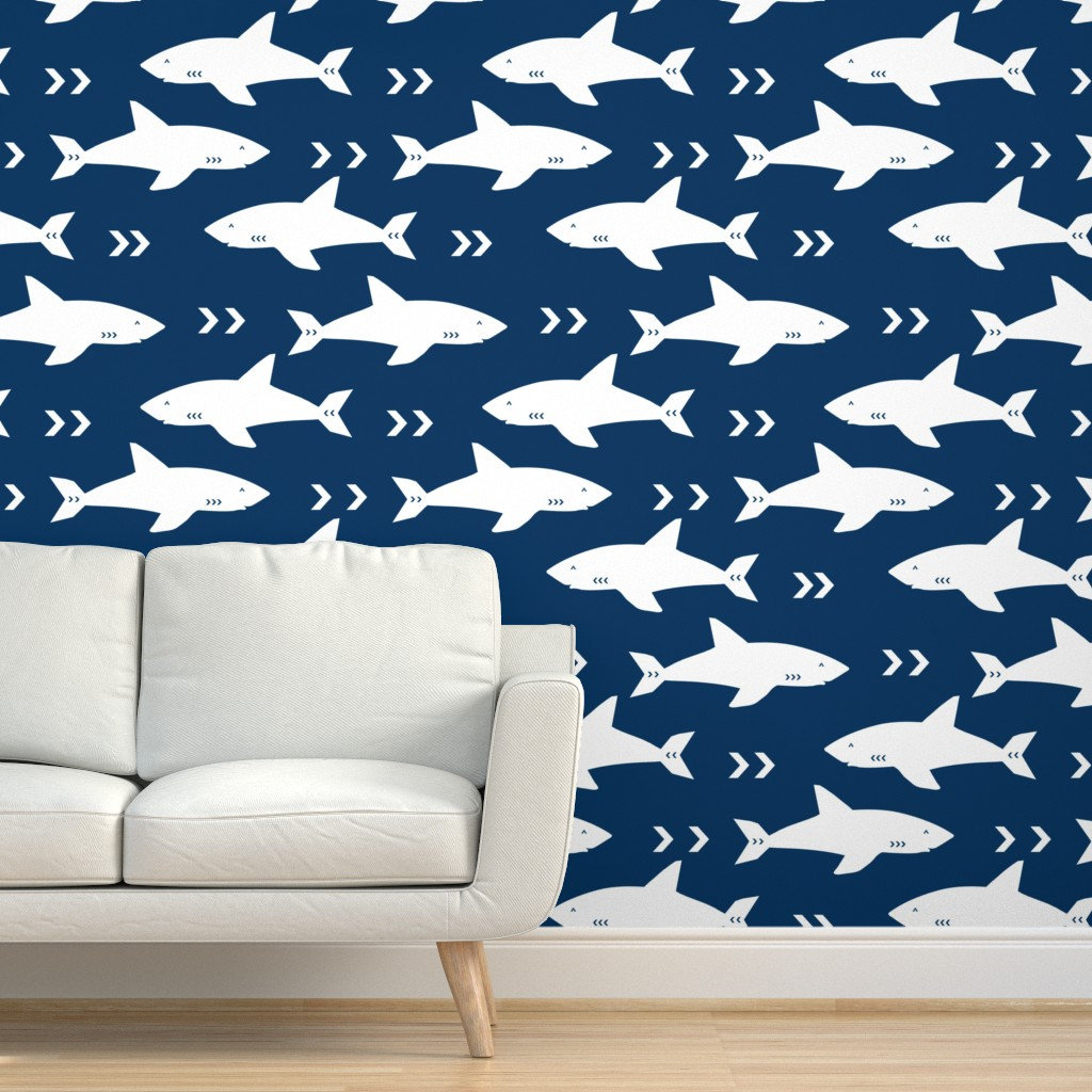 Sharks Wallpaper Navy Blue Sharks White by Charlottewinter - Etsy