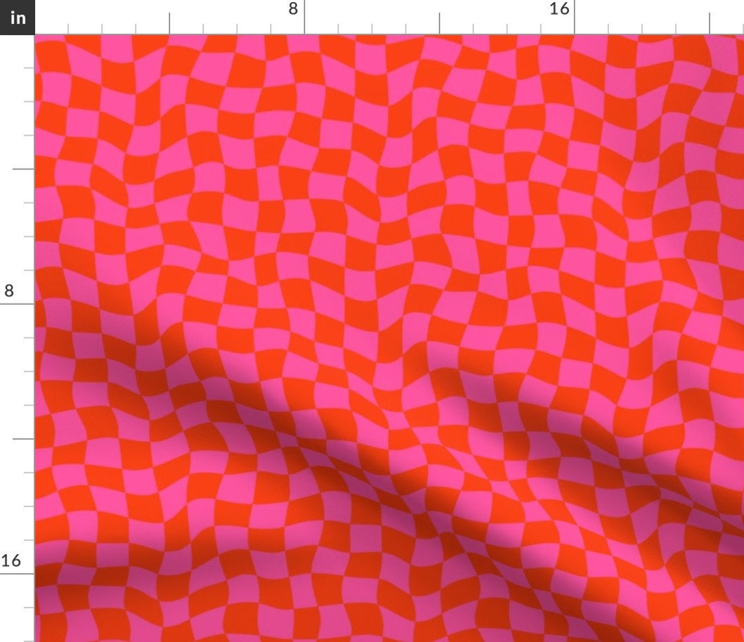 Bright Retro Check Fabric Wavy Check Pink by Jenwebbcreates Orange Red ...