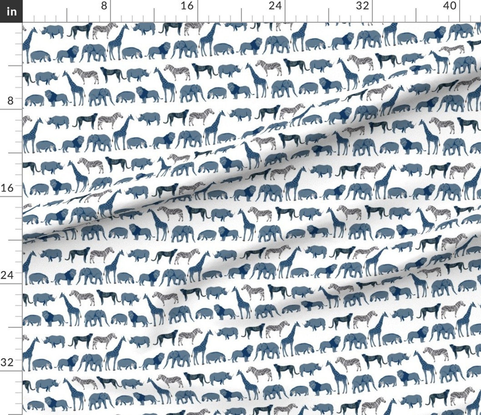 Blue Safari Animals Fabric Safari Blue White Elephant Lion - Etsy