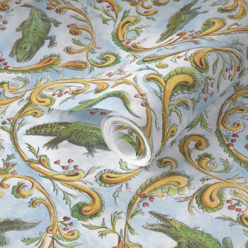 Crocodile Wallpaper Crocodile Rococo by Zandloopster Green - Etsy