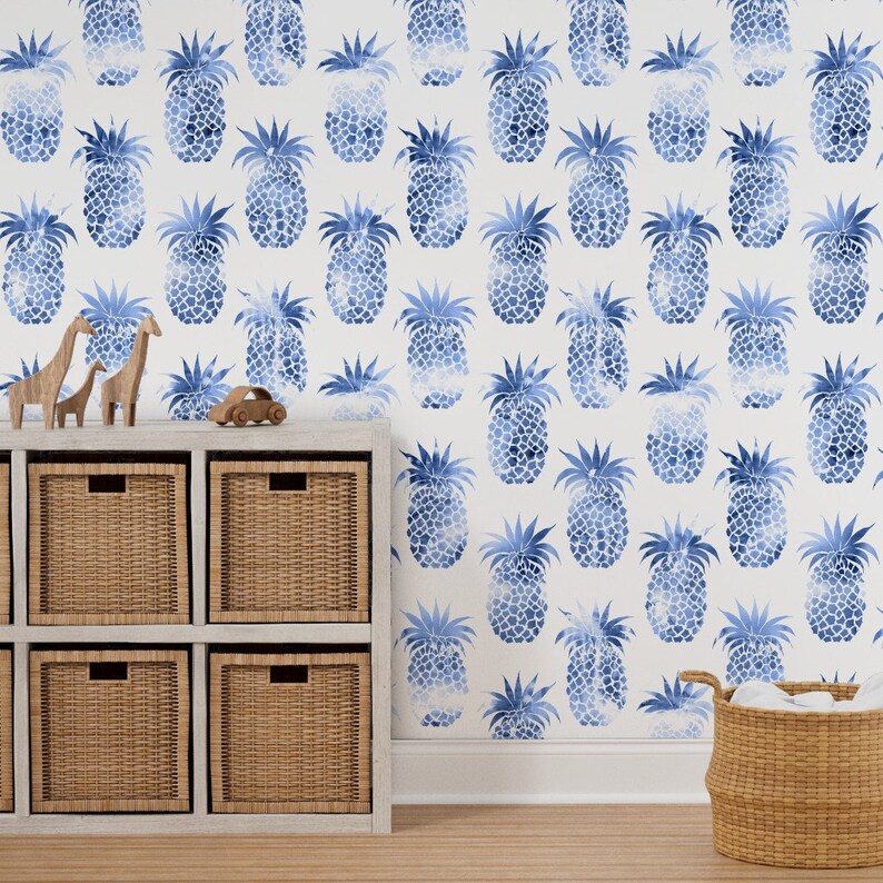 Pineapples Wallpaper Pineapples Blue Watercolor by - Etsy
