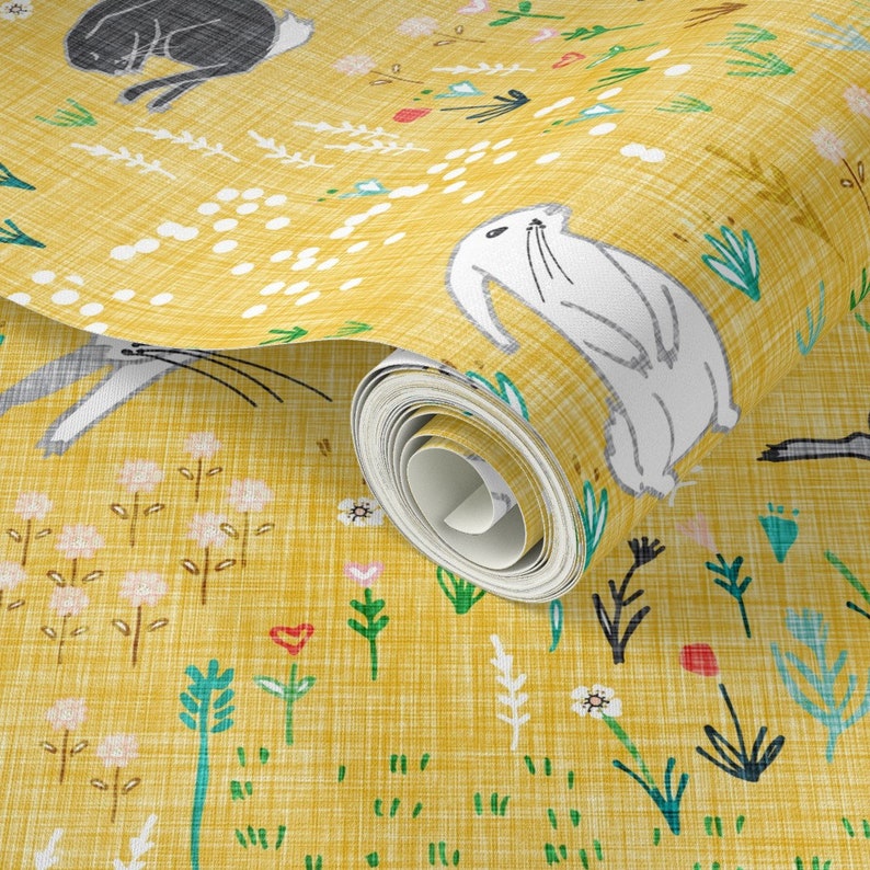 Rabbit Wallpaper Bunny Field Yellow by Nouveau Bohemian - Etsy