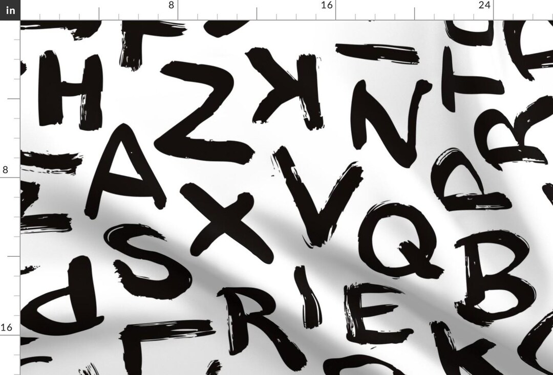 Abc Fabric - Large Raw Monochrome Brush Strokes Alphabet Black White ...