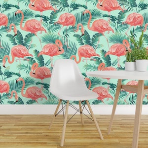 Flamingo Wallpaper Pink Flamingos on Teal Tropical Plants by Khaus ...