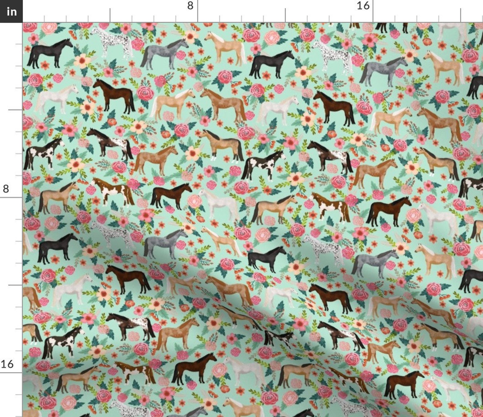 Horse Fabric Horse Multi Coat Floral Horses Fabric Mint by - Etsy