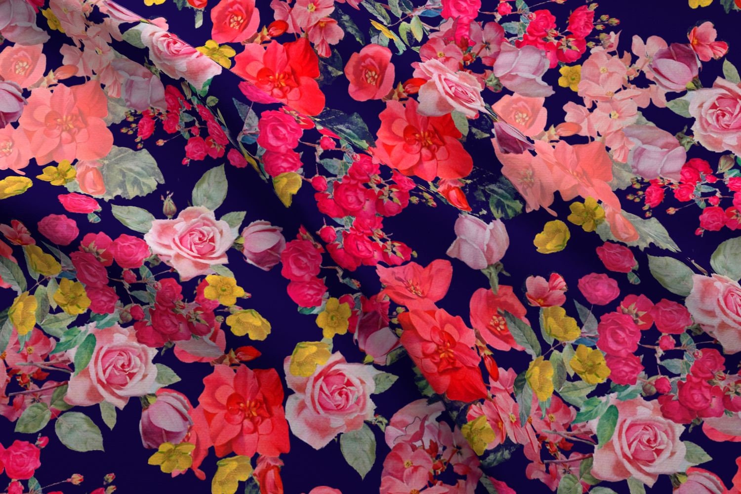Navy Retro Rose Print Fabric Antique Floral Print // Navy By | Etsy