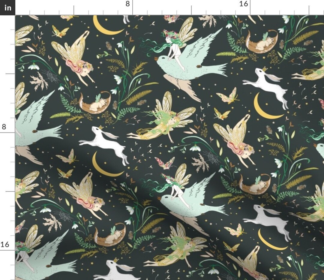 Fairy Tale Fabric Enchanted Fairies pine by Nouveau - Etsy