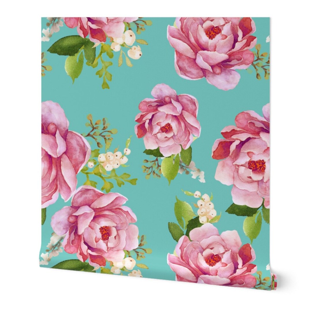 Floral Wallpaper 8 Light Pink Sunrise Teal by - Etsy