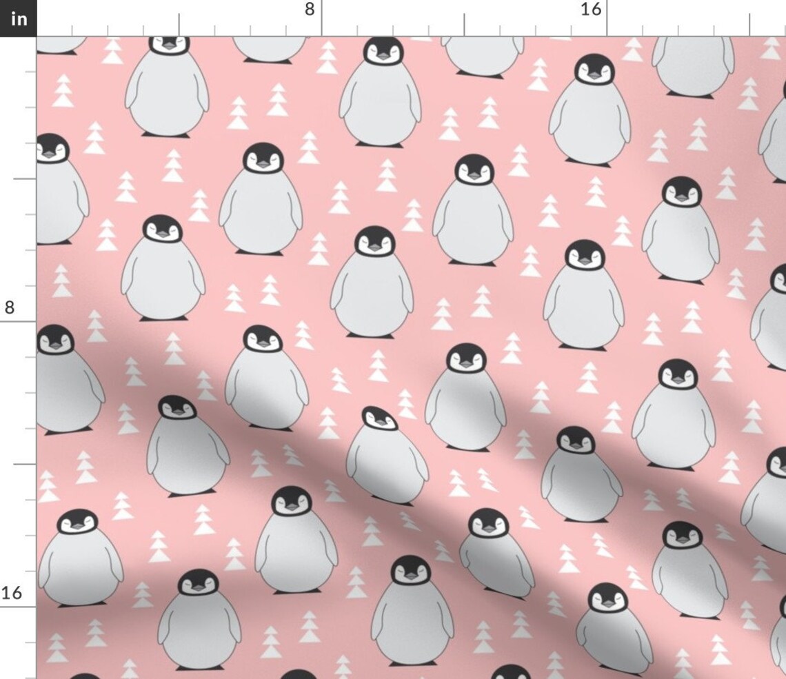 Baby Penguin Fabric Penguins With Triangle Trees Pink by - Etsy