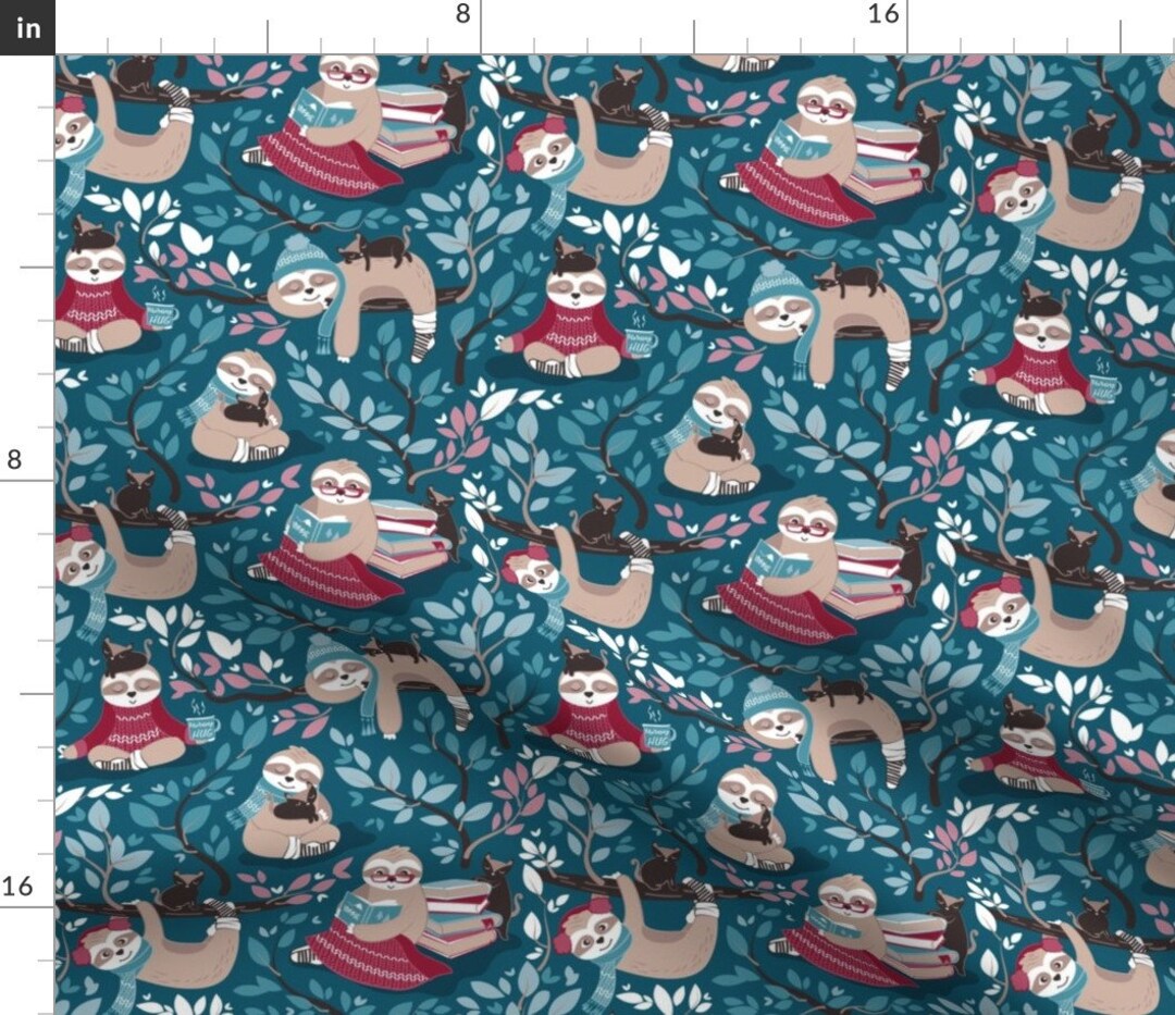 Winter Sloths Fabric Hygge Sloth // Small Scale // Turquoise - Etsy