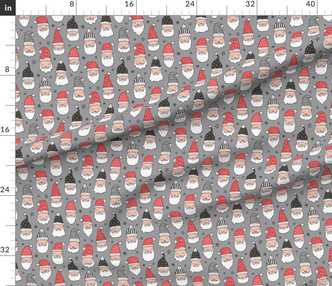 Santa Fabric Christmas Santa Claus With Stars on Grey by - Etsy