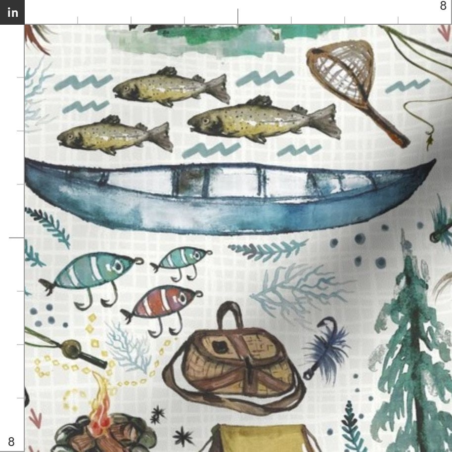 Watercolor Lake Camping Fabric Lake House Fishing Motif by - Etsy