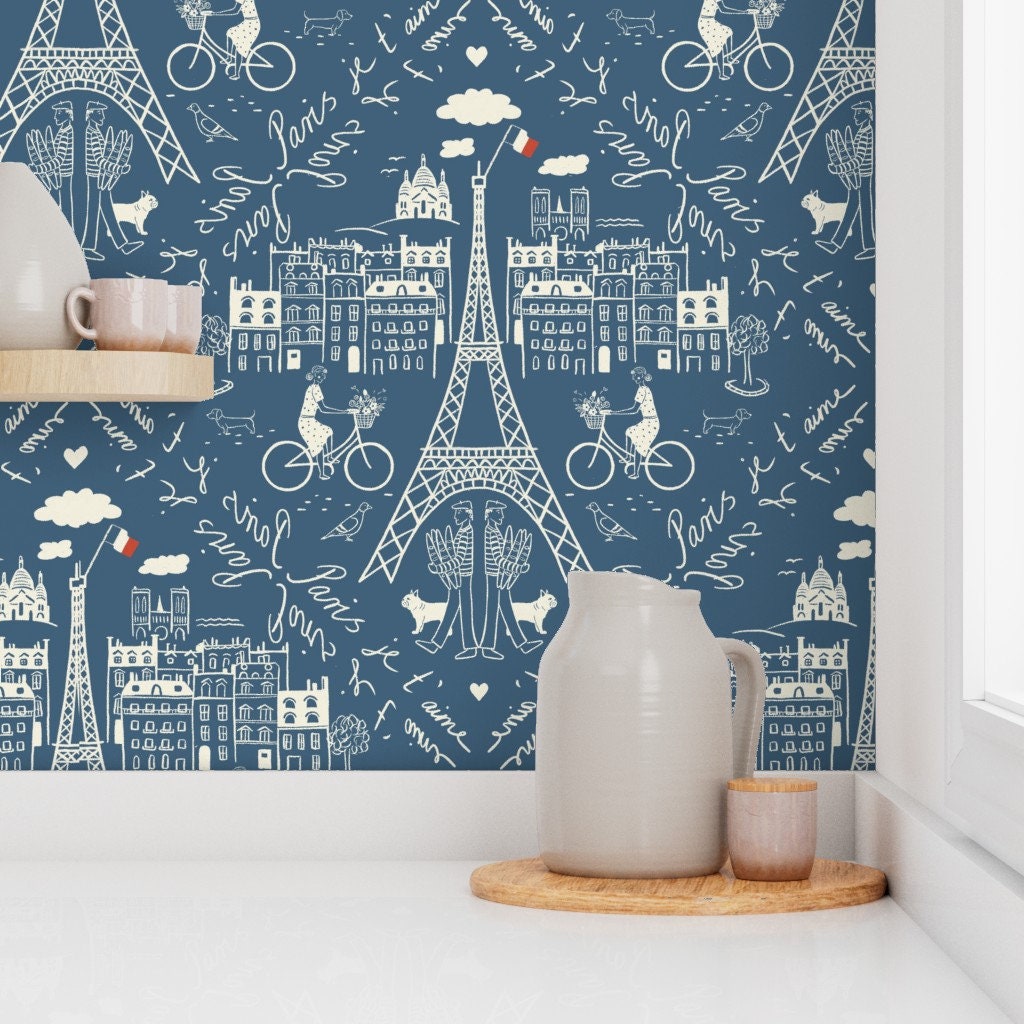 Paris Wallpaper Parisdamask by Dasbrooklyn Blue White - Etsy