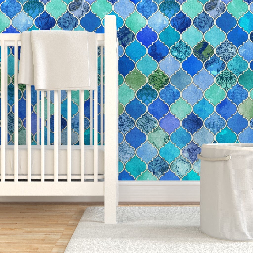 Moroccan Wallpaper Cobalt Blue and Aqua Decorative Tiles by | Etsy
