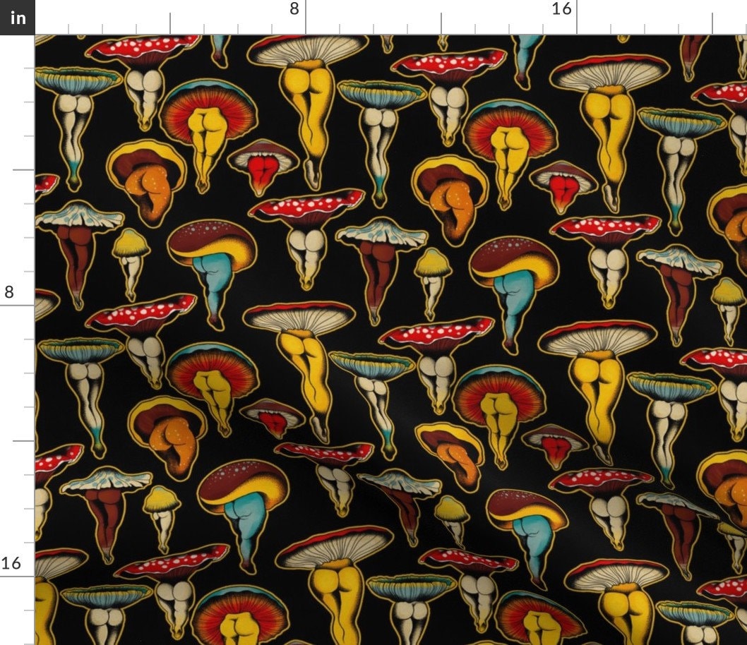 Sexy Mushrooms Fabric Sexy Mushrooms Black Background By Etsy