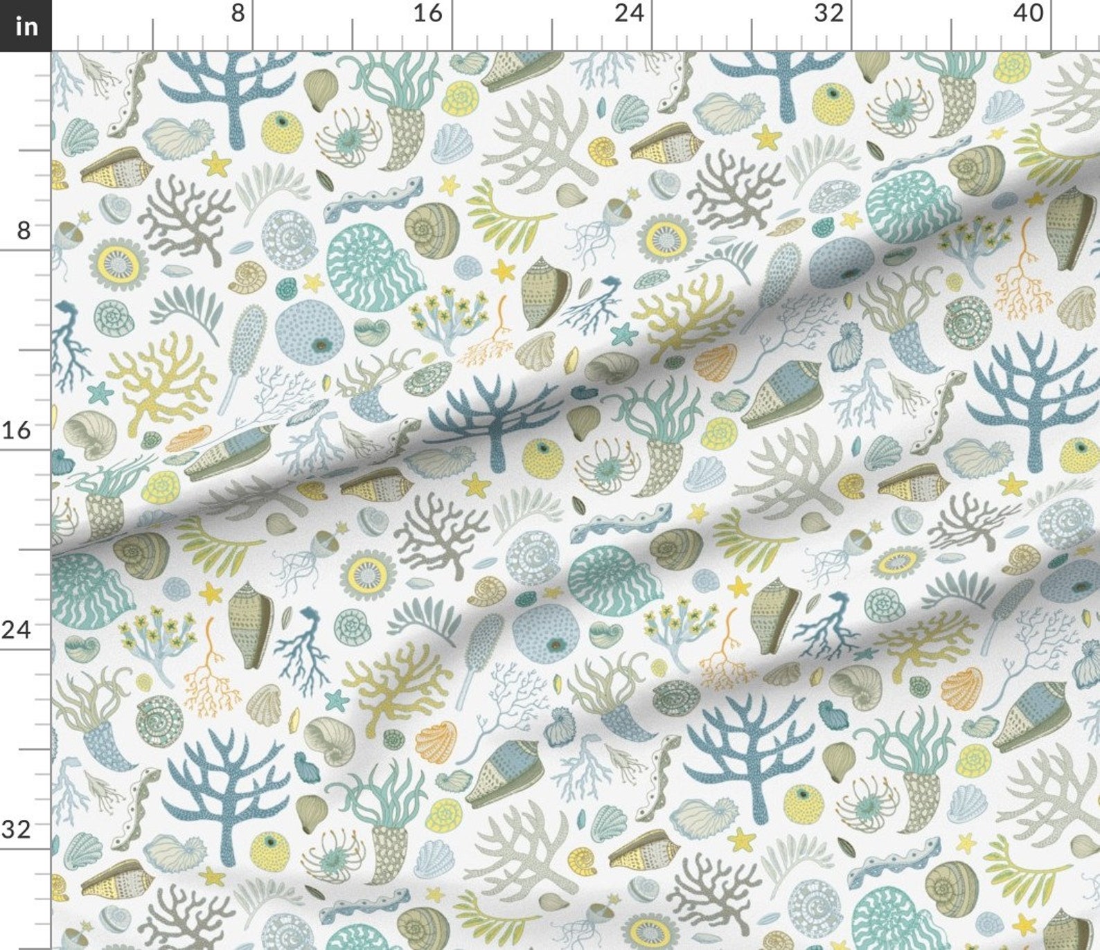 Seashell Fabric Natural Forms Large by Cecca Sea Shell Green Blue Beach ...