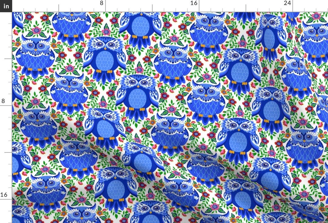 Owl Fabric - Blue Owls With Flowers Ogee by Shellypenko - Bright Blue ...