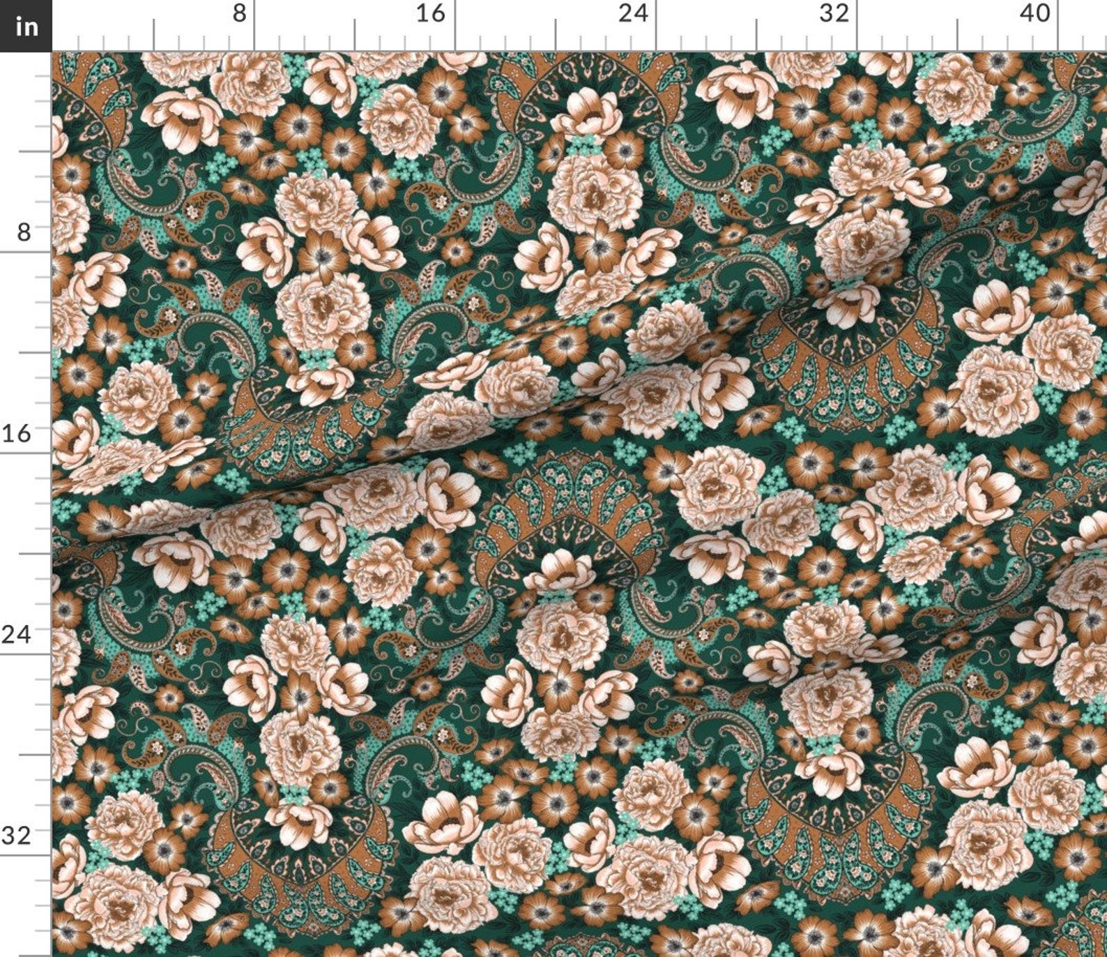 Green Floral Illustration Babushka Fabric Babushkas Peonies - Etsy