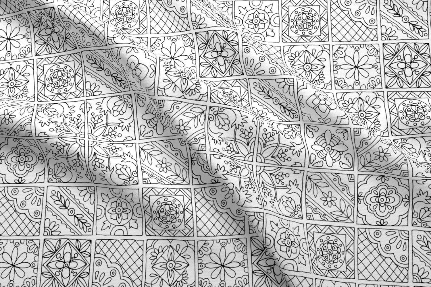Hand Drawn Tile Fabric Talavera Tiles By Snowflower Black | Etsy