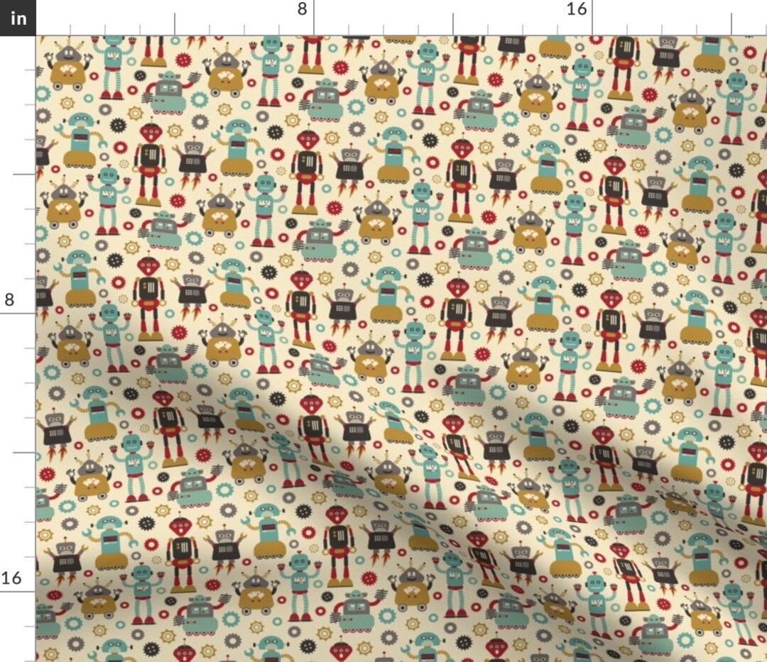 Robots Fabric Retro Robots Cream by Cynthia Arre Robot Retro Cream Red ...