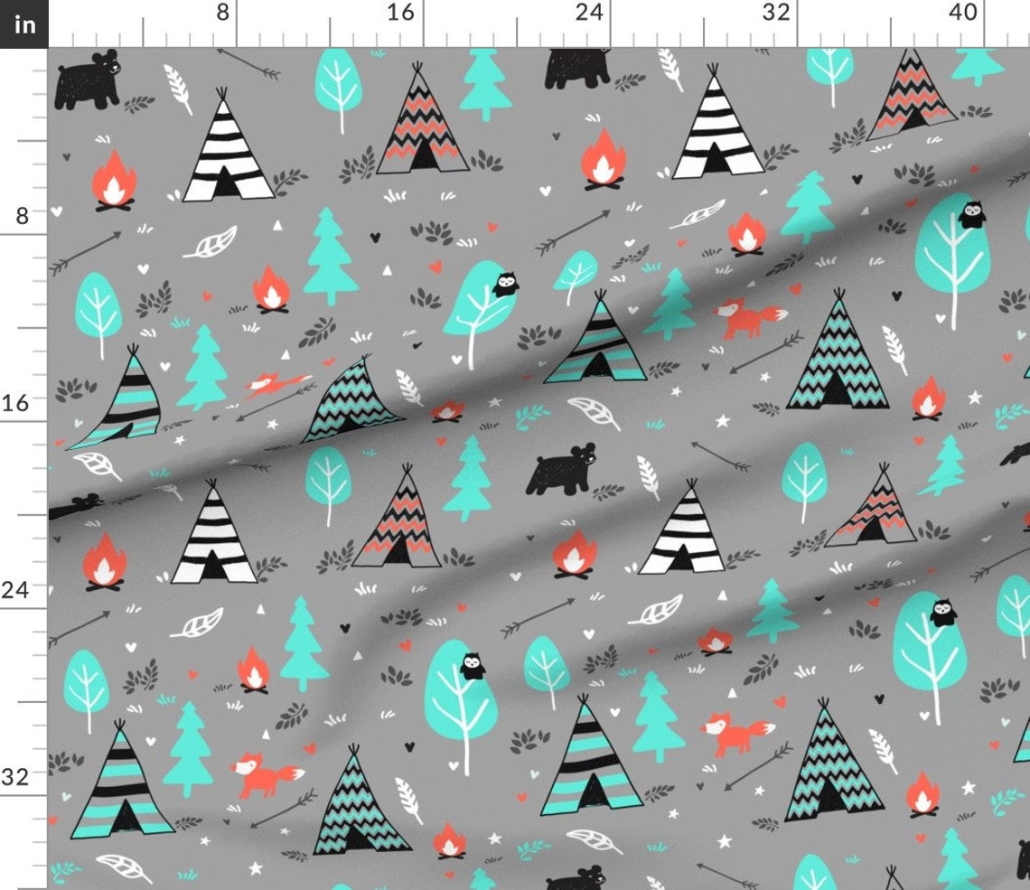 Whimsical Camping Fabric Grey Campfire by Dreammachineprints - Etsy