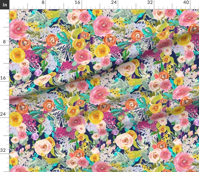 Autumn Floral Fabric Autumn Blooms Painted Floral // Navy by - Etsy