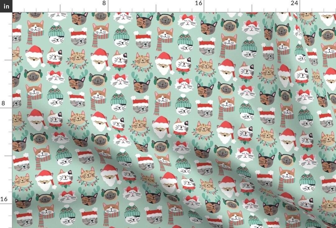 Cat Fabric - Christmas Kitty Cat Faces on Green by Hey Cute Design ...