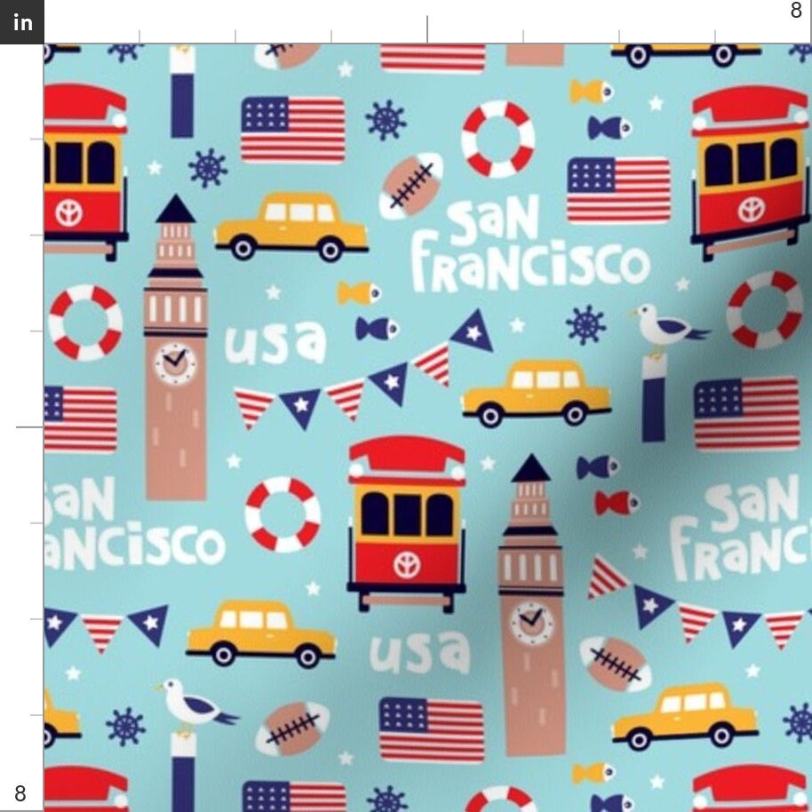 San Francisco Fabric San Francisco Usa Travel Icons Colorful - Etsy