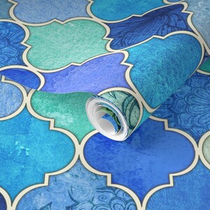 Moroccan Wallpaper Cobalt Blue and Aqua Decorative Tiles by - Etsy