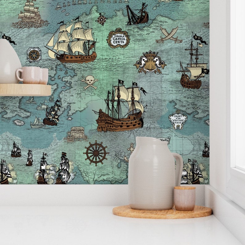 Pirate Wallpaper Pirate Ships Map Blue Big Repeat by Teja - Etsy