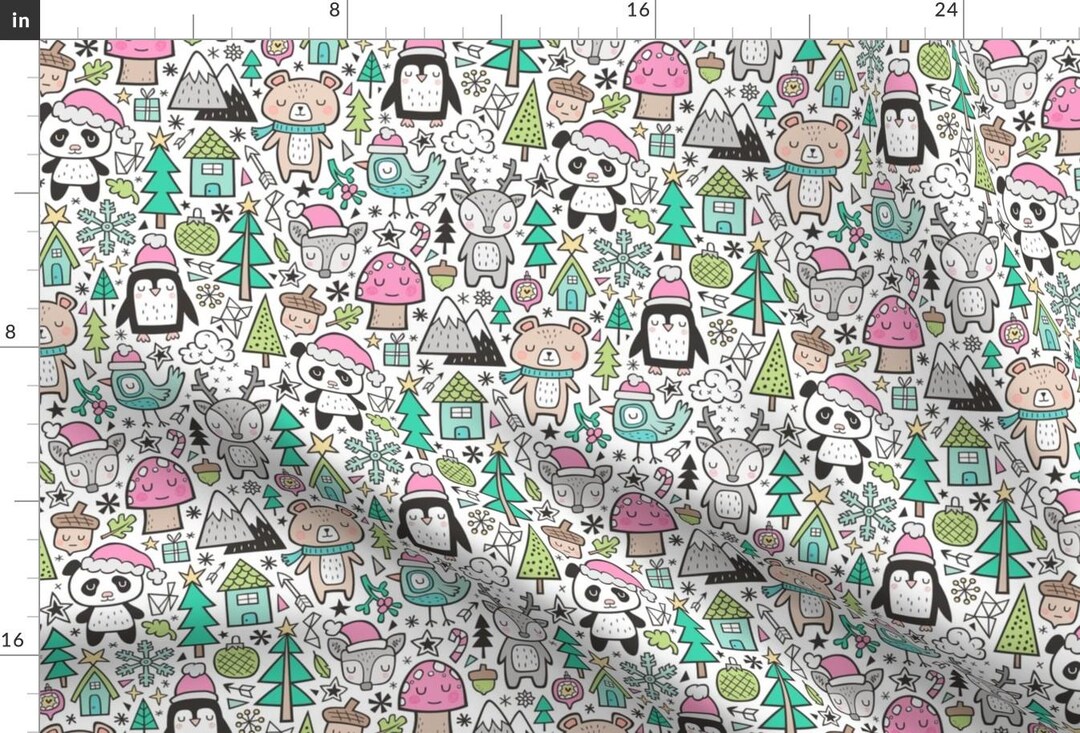 Holiday Animal Fabric Christmas Animals Doodle Panda Deer Bear Penguin ...