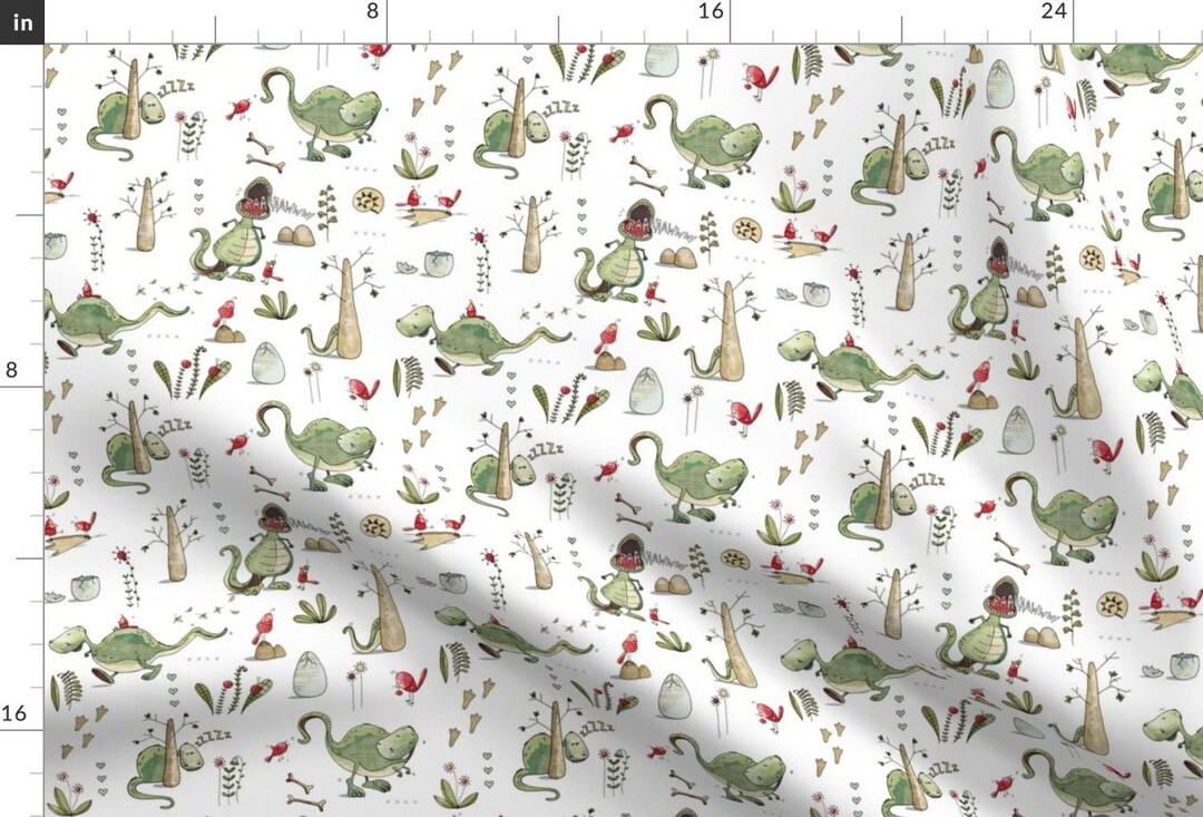 Dinosaur Fabric - Trex and Cherry Bird by Mulberry Tree - Dinosaur Tree ...