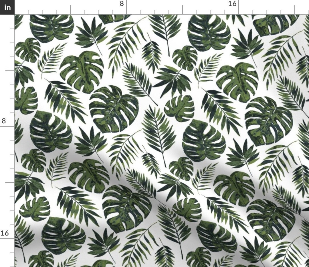Tropical Green Leaves Fabric Tropical Leaves White by Mintpeony ...