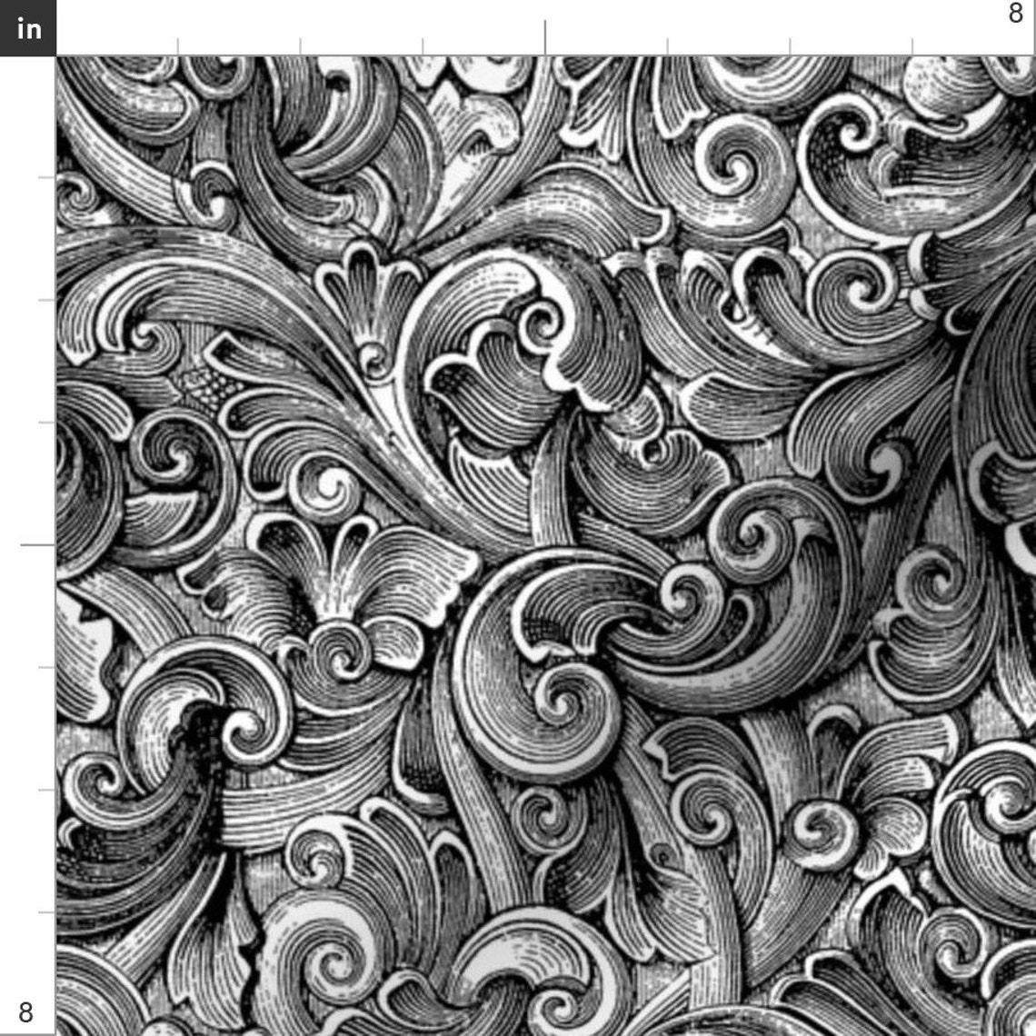 Flourish Fabric Engraved Swirls 3 Black-white by Wrapartist - Etsy