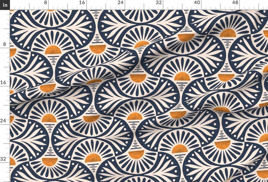 Sunset and Leaves Extra Wide Sateen Fabric Scallops Geometric Yellow ...