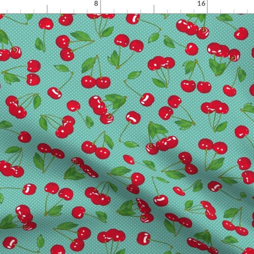 Blue Retro Cherry Fabric Very Cherry Aqua by Juliesfabrics - Etsy