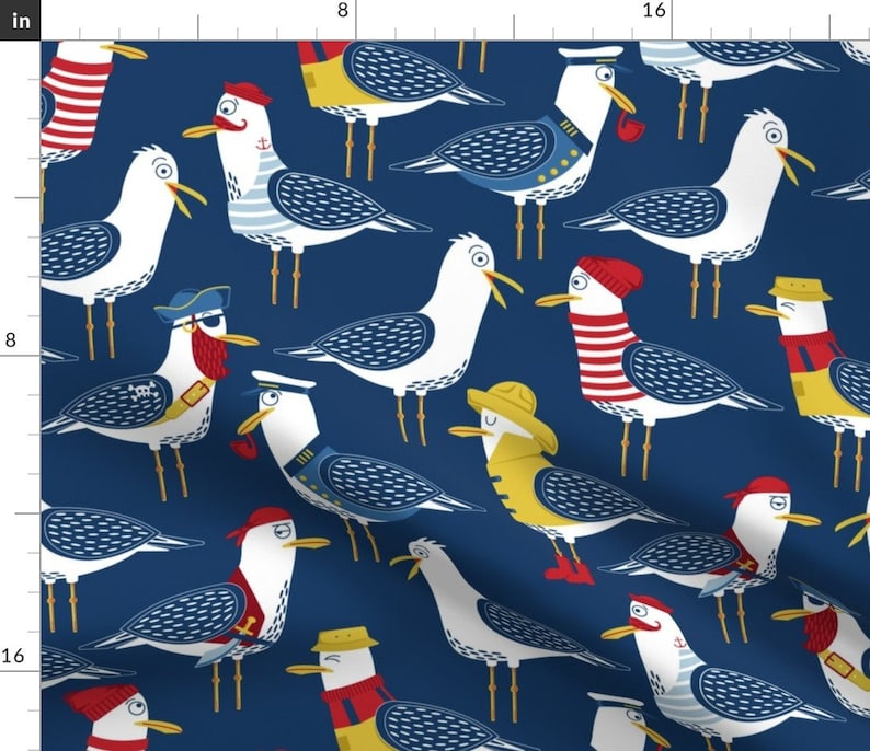 Blue Crazy Seagull Nautical Ocean Fabric Seagull Surprise | Etsy