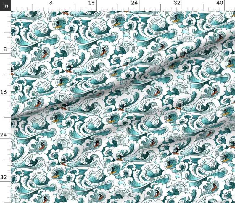 Surfer Fabric Ocean Surfers Ride the Waves by Vo Aka - Etsy