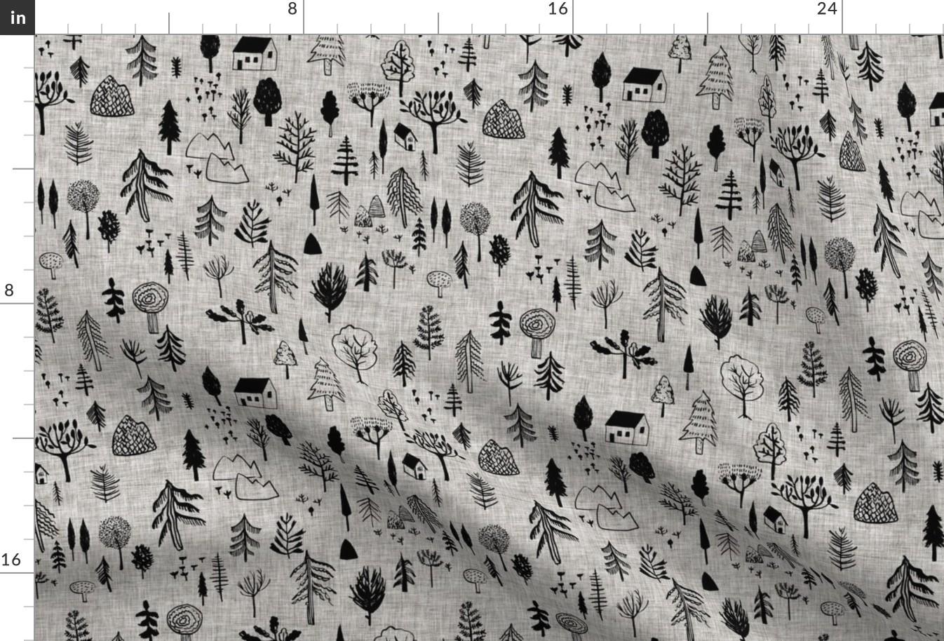 Black Forest Sketched Illustration Fabric - Happy Forest (black) Med by ...