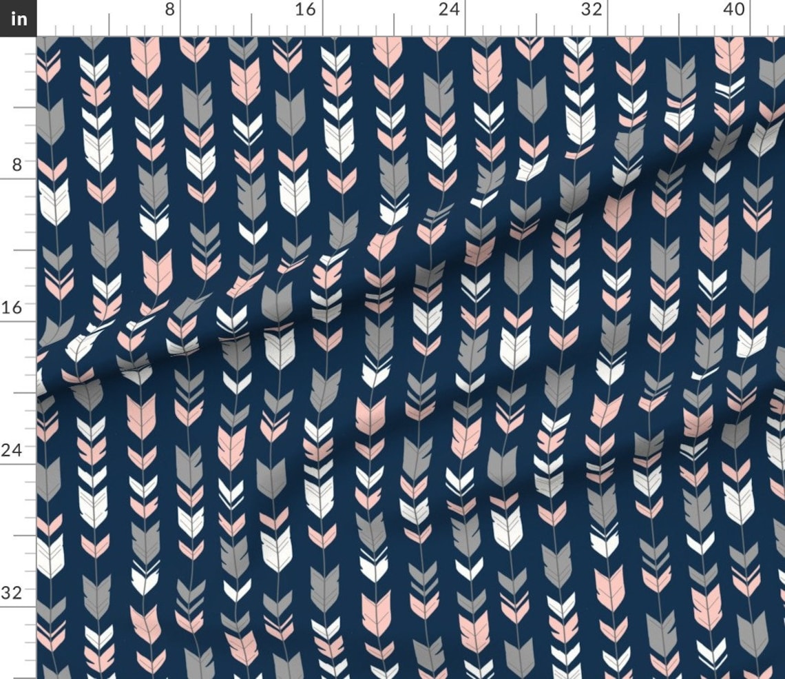 Arrows Fabric Arrow Feathers Dark Blue/Coral/Grey By | Etsy