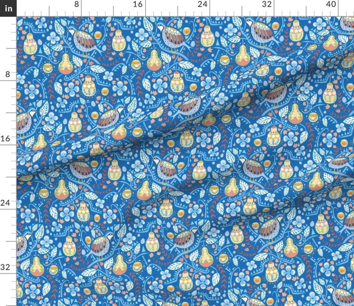 Blue Floral Design Fabric Folk Art Partridge in A Pear Tree - Etsy