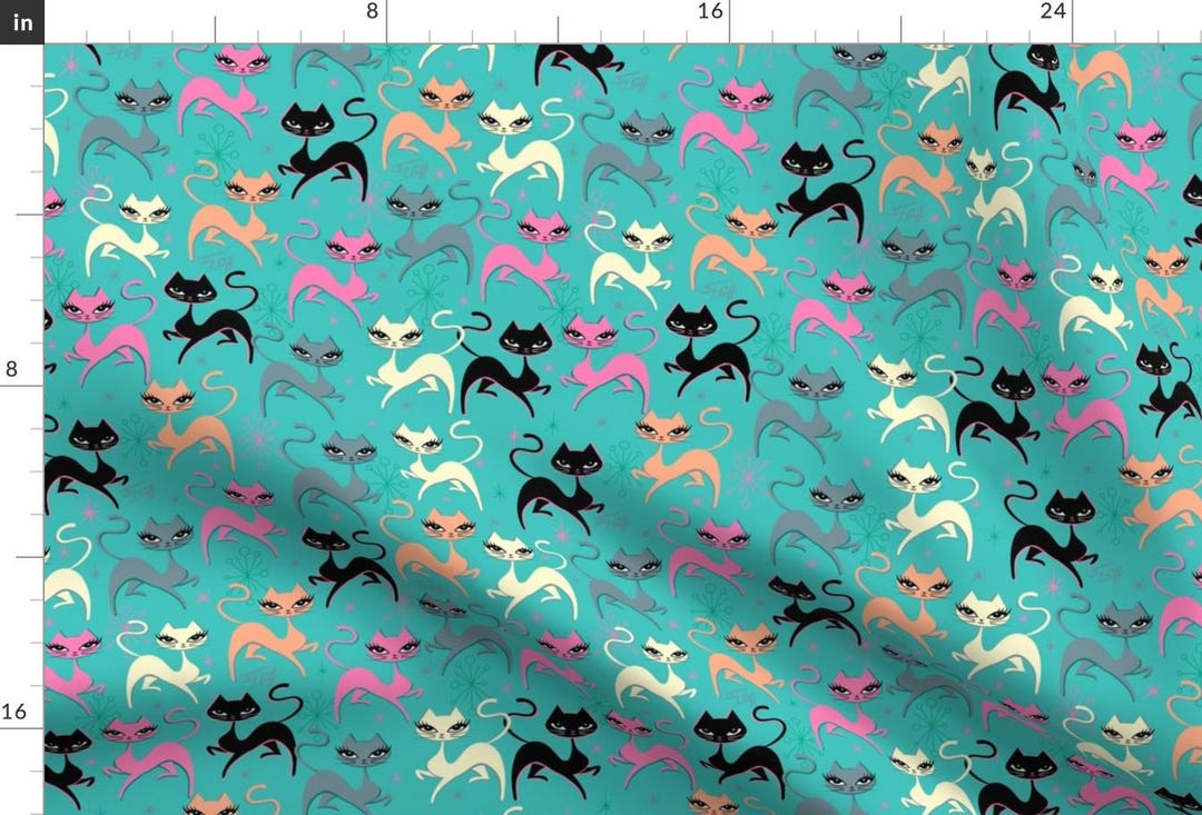 Mid Century Modern Fabric Mod Prancing Kitten-fabric-blue by Miss Fluff ...