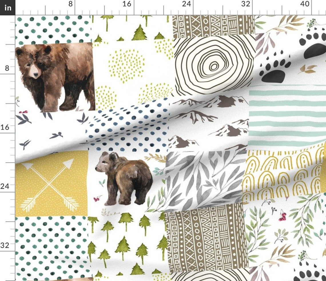 Whole Cloth Fabric Mama Bear Cub Woodland Teal Mustard Whole - Etsy