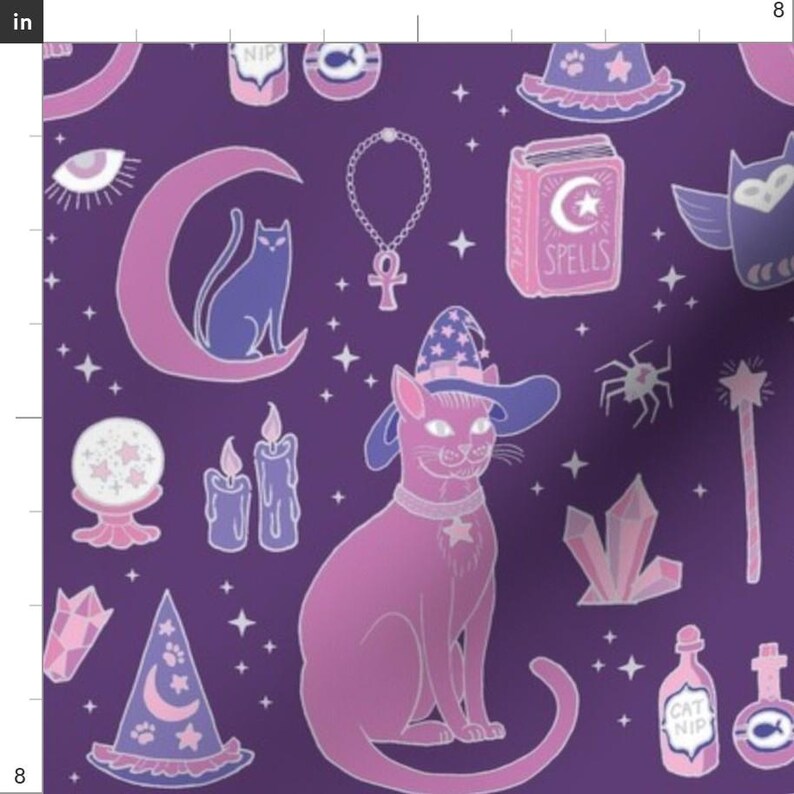 Magic Cat Fabric - Mystical Cats in Purple by Pinkowlet- Witch Spells ...