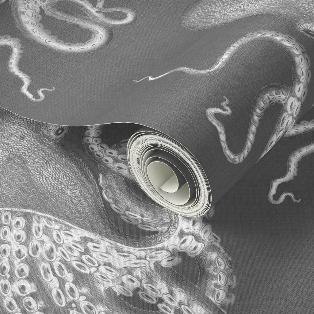 Octopus on Gray Wallpaper Octopus Oasis Gray by - Etsy