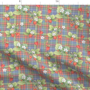 Strawberry Plaid Fabric - Watercolor Strawberries on Blue Plaid by ...