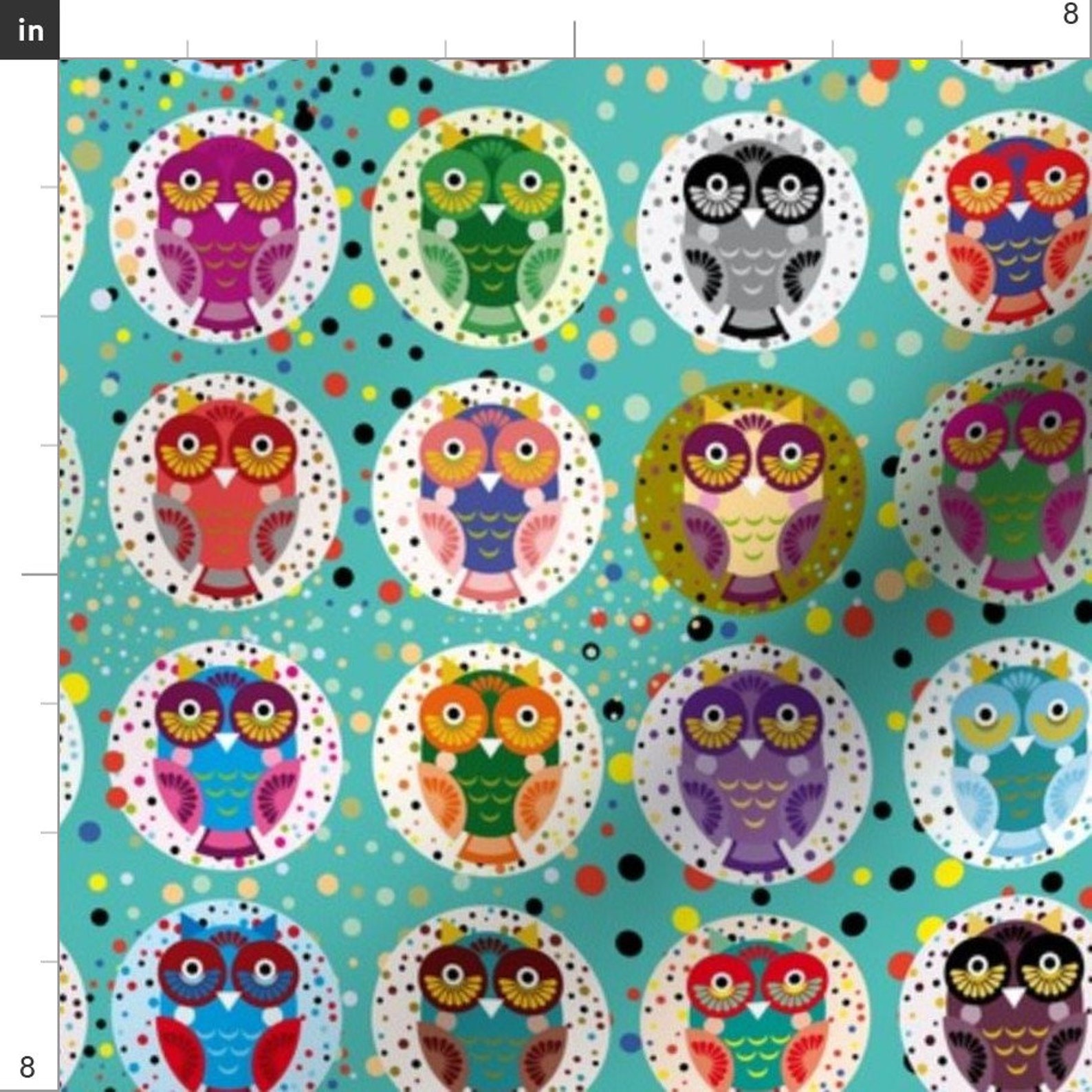 Festive Owl Fabric Funny Colored Owls on A Turquoise | Etsy
