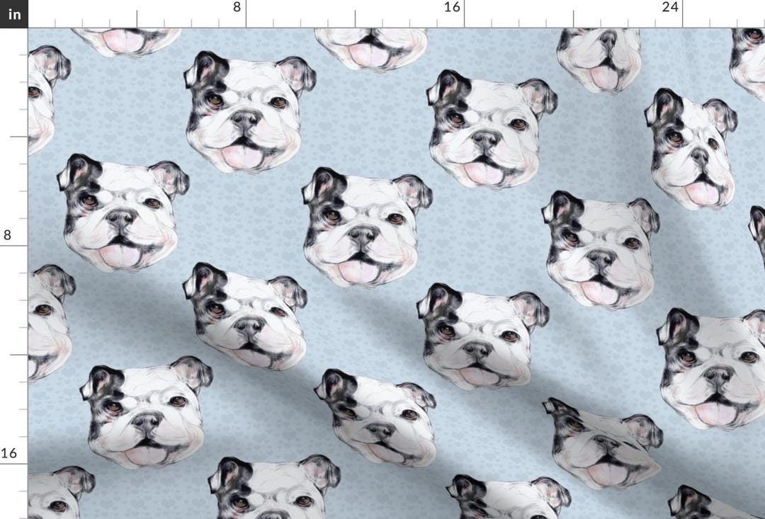Bulldog Fabric - Happy Bulldog on Blue Hearts by Eclectic House ...