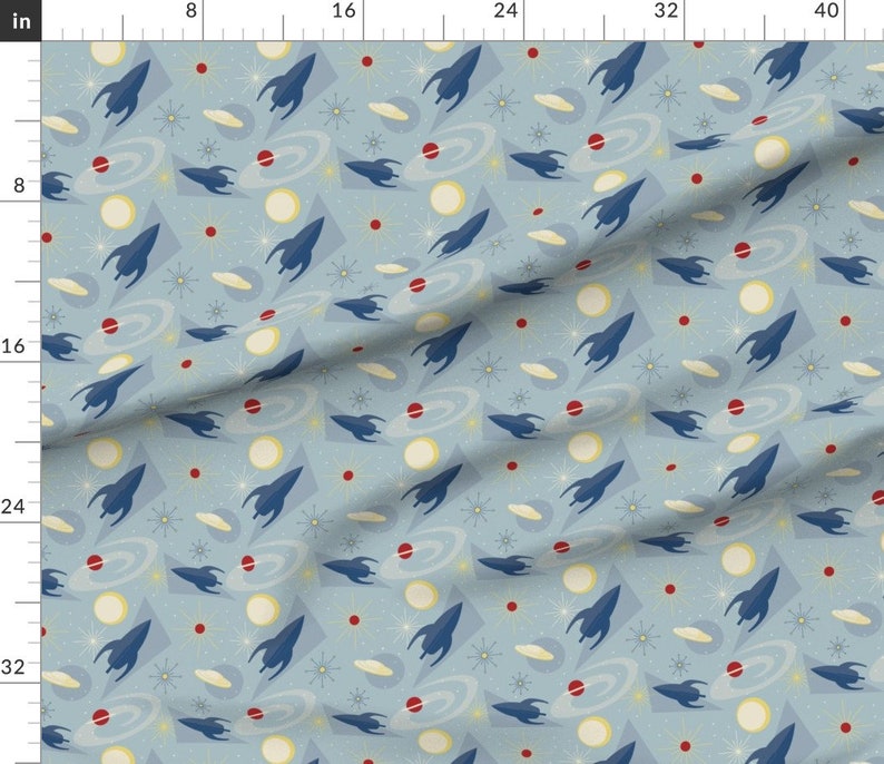 Spaceships Blue Science Outer Space Fabric 1950s Space Race | Etsy