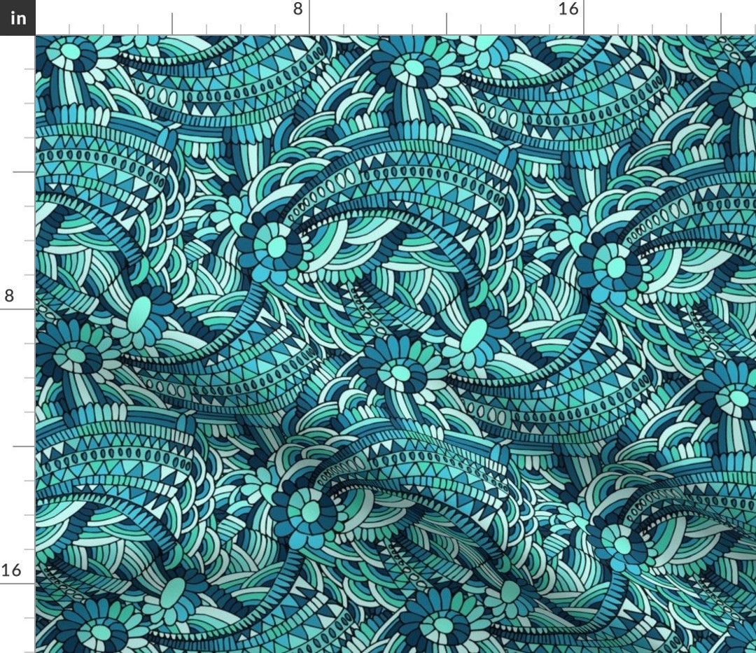 Wave Abstract Geometric Fabric Blue Waves by Juliabadeeva Blue Green ...